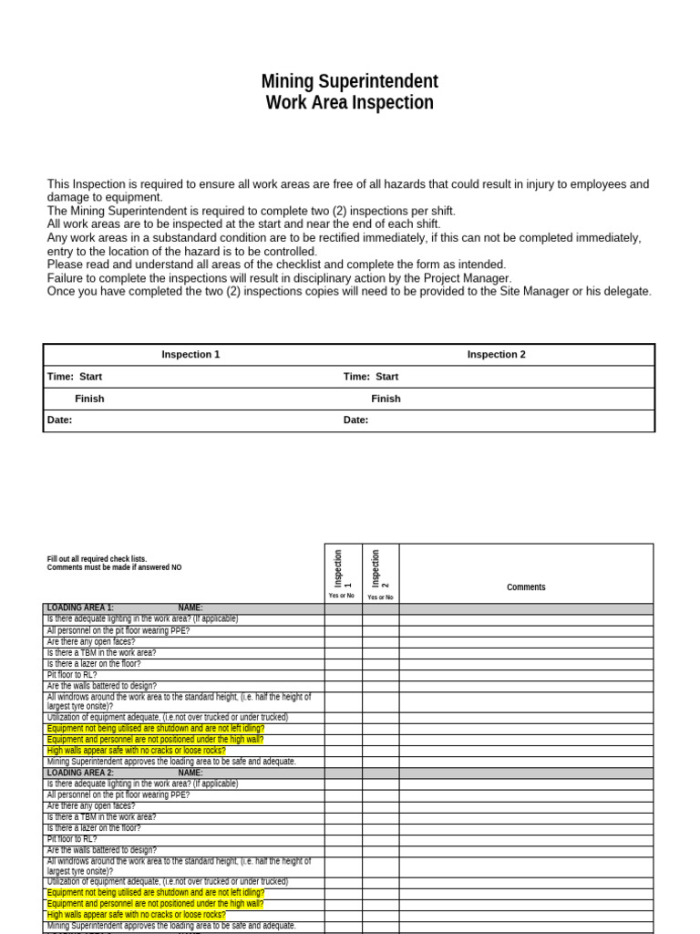 Mining Superintendent Work Area Inspection | PDF