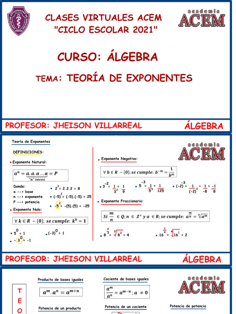 Teoría de Exponentes en Álgebra | PDF | Exponenciación | División ...