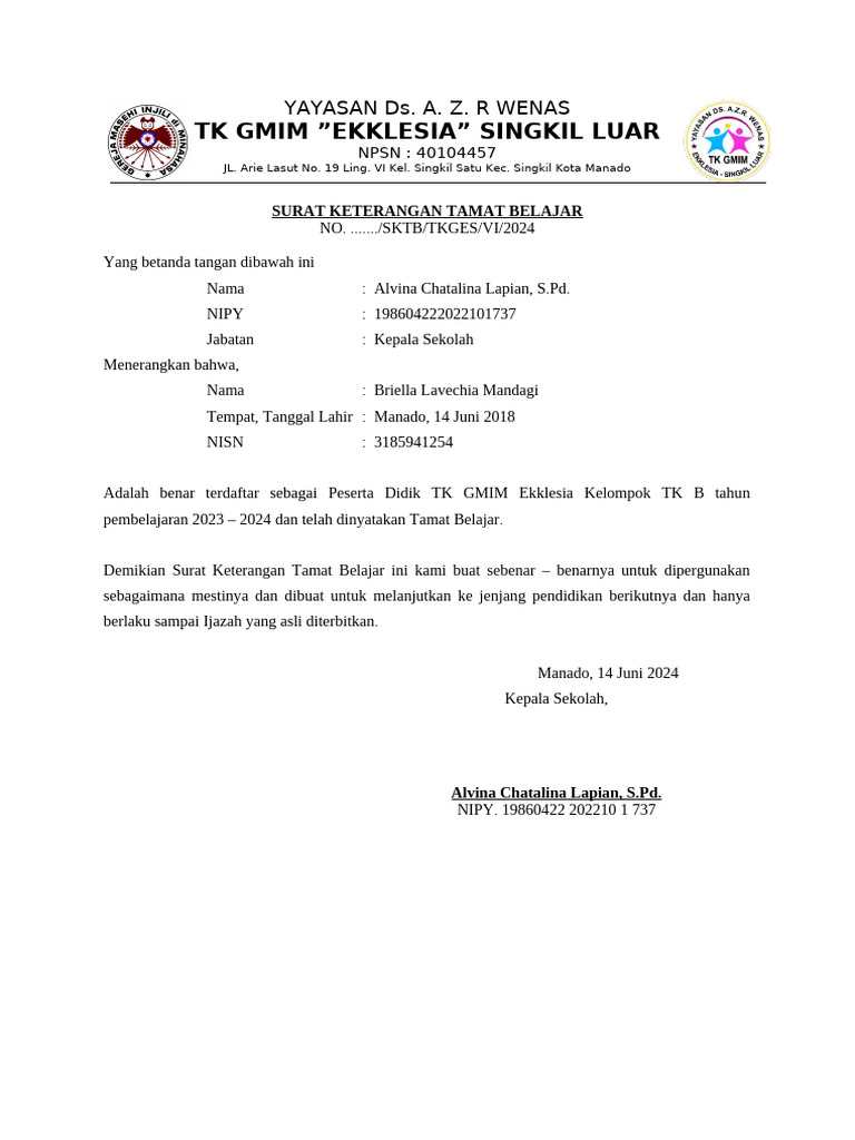 Surat Keterangan Tamat Belajar | PDF