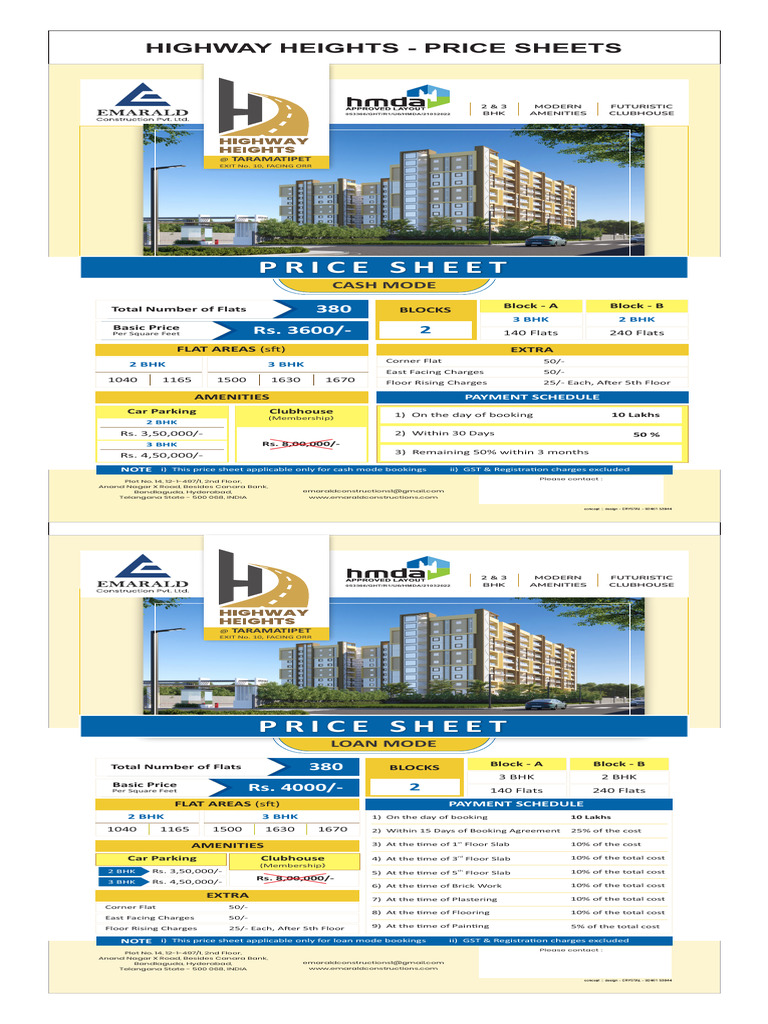 Highway Heights - Price Sheet | PDF