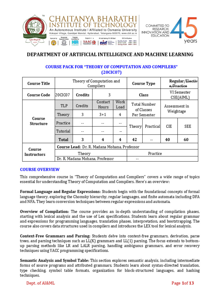 TOC & Compilers Course Pack 2023-24 VI CSM | PDF