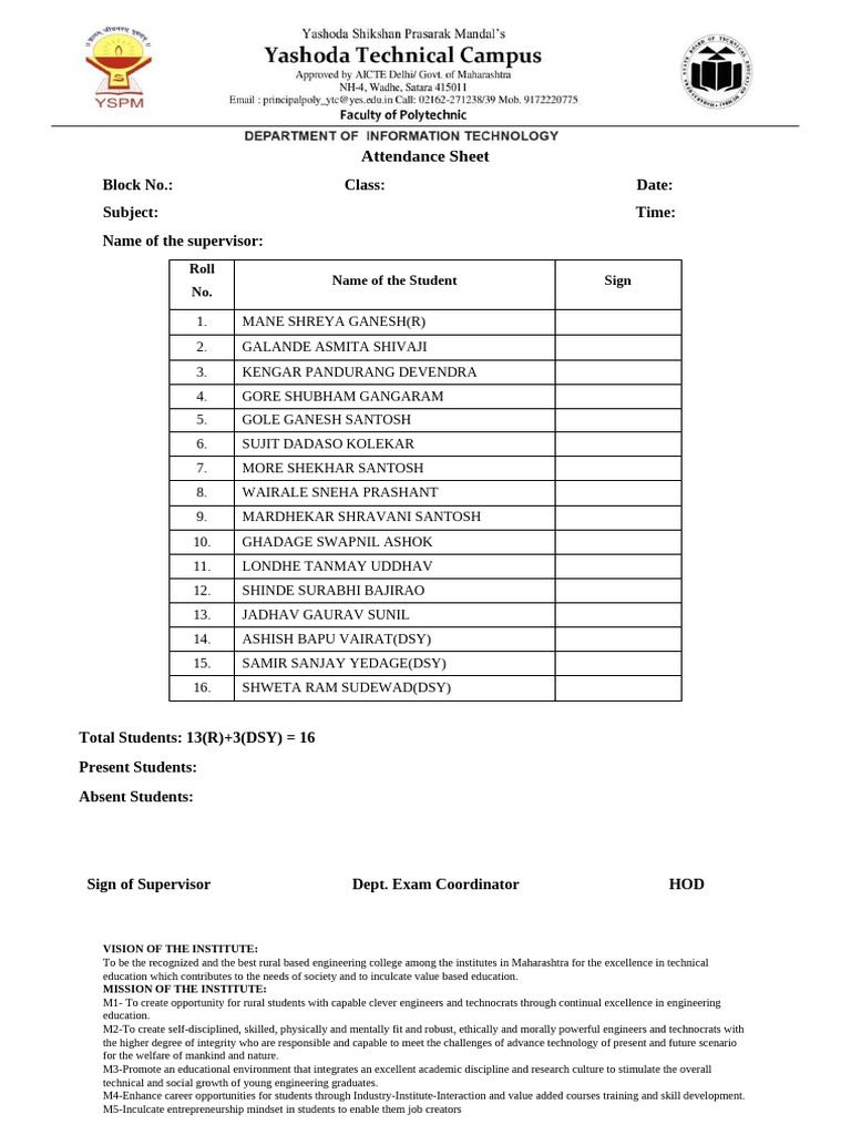 Class Test Attendance Sheet | PDF