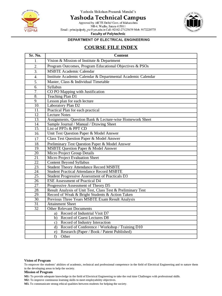 0 - Course File Index - EE | PDF