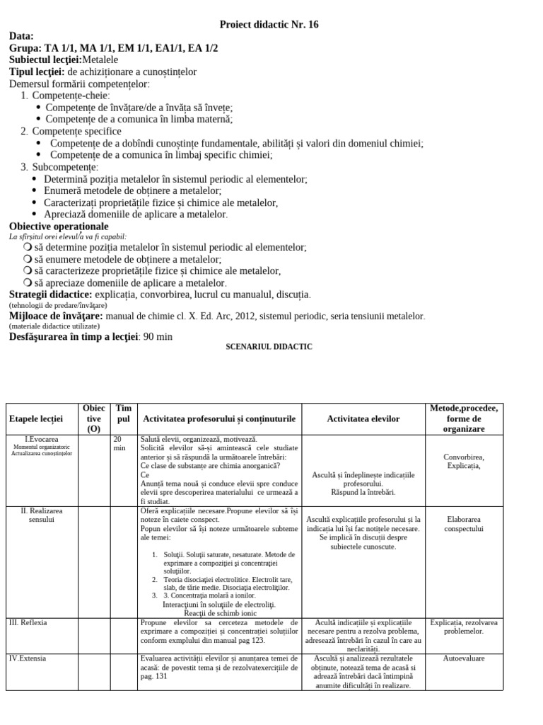 Proiec Didactic NR 16 CLX Metalele Desfasurat | PDF