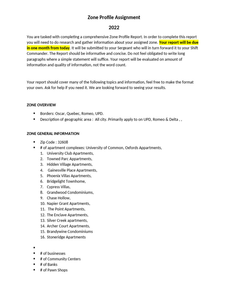 Zone Profile Assignment Original 2022 | PDF