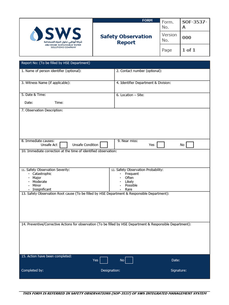 SOF-3537-A Safety Observation Report | PDF