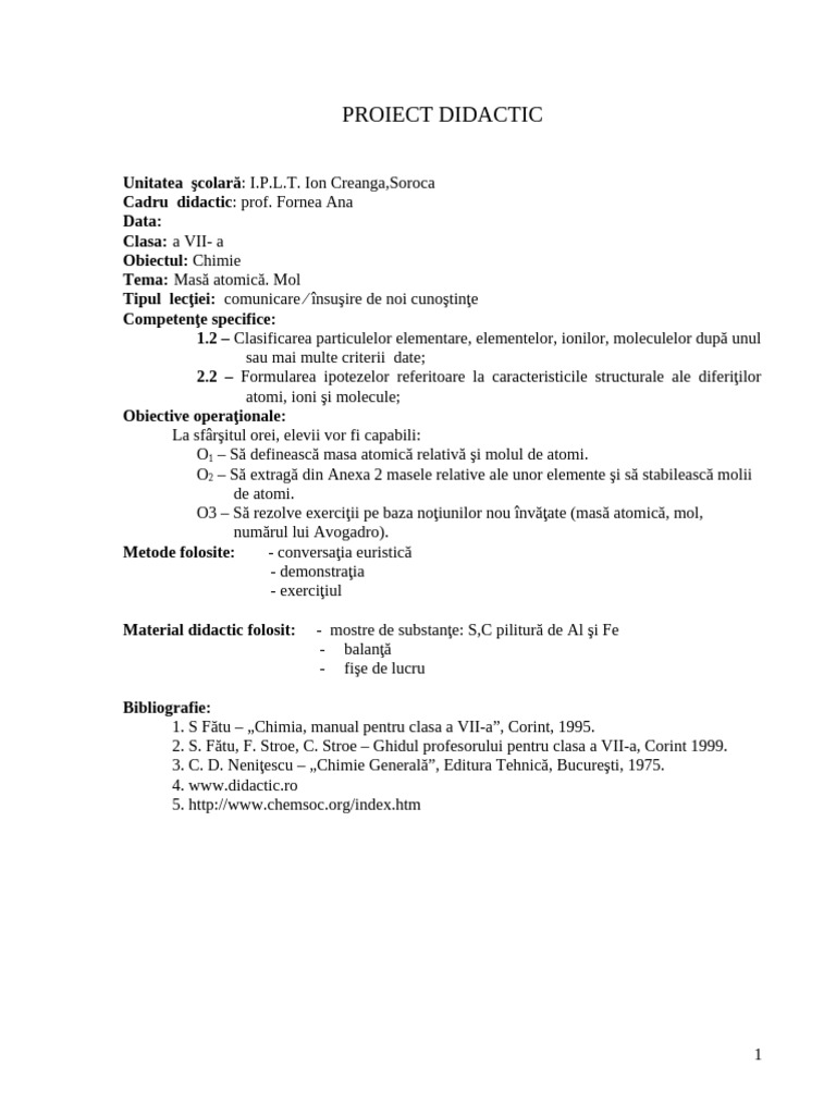 Proiect Didactic Masa Atomica Mol | PDF