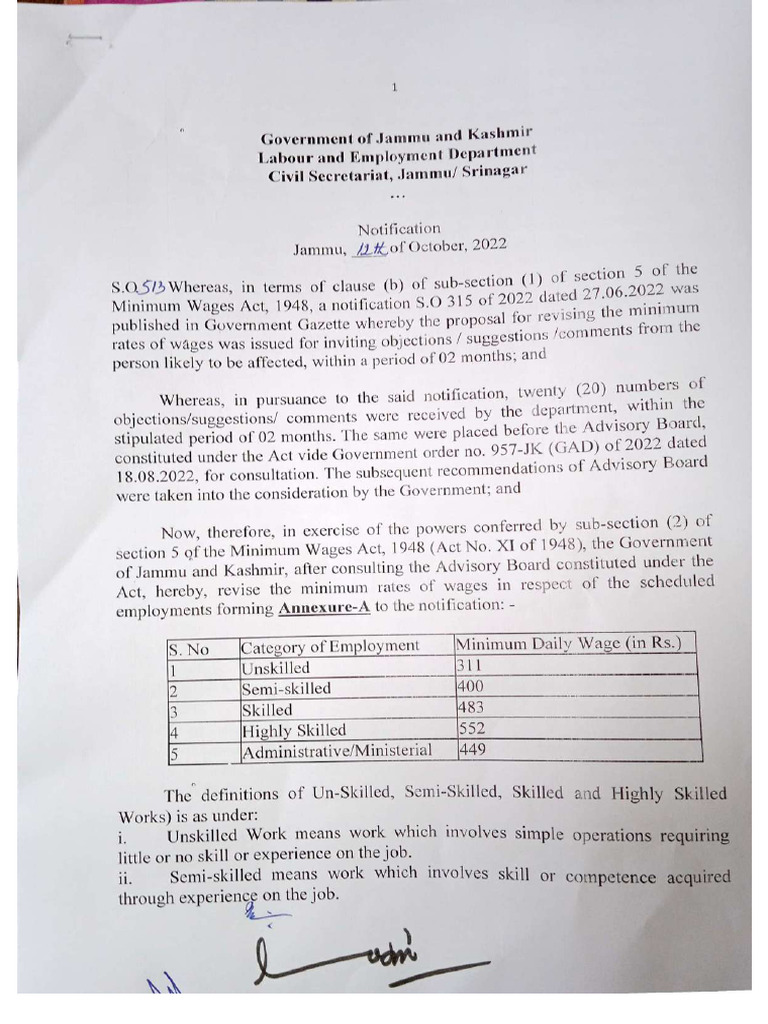 Jammu and Kashmir Minimum Wages Notification October 2022 | PDF