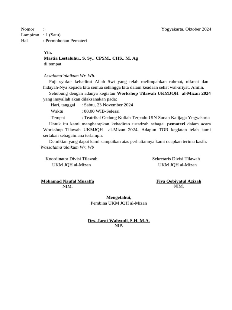 Surat Permohonan Pemateri+TOR Workshop Tilawah | PDF