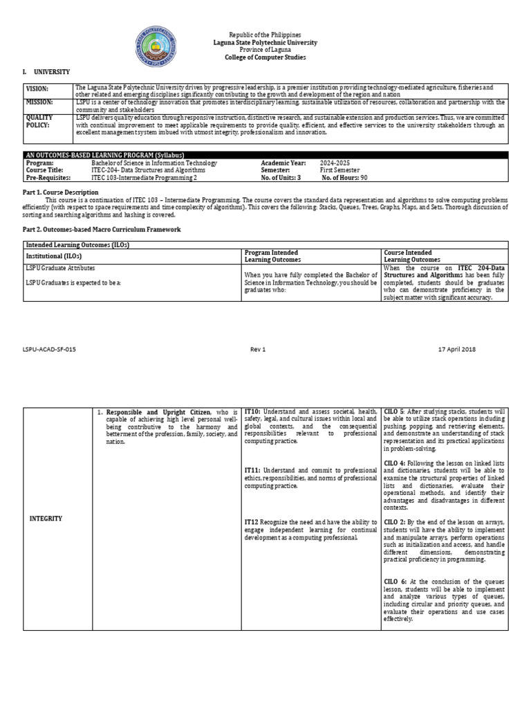Itec 204 Data Structures and Algorithms Syllabus 2024 | PDF