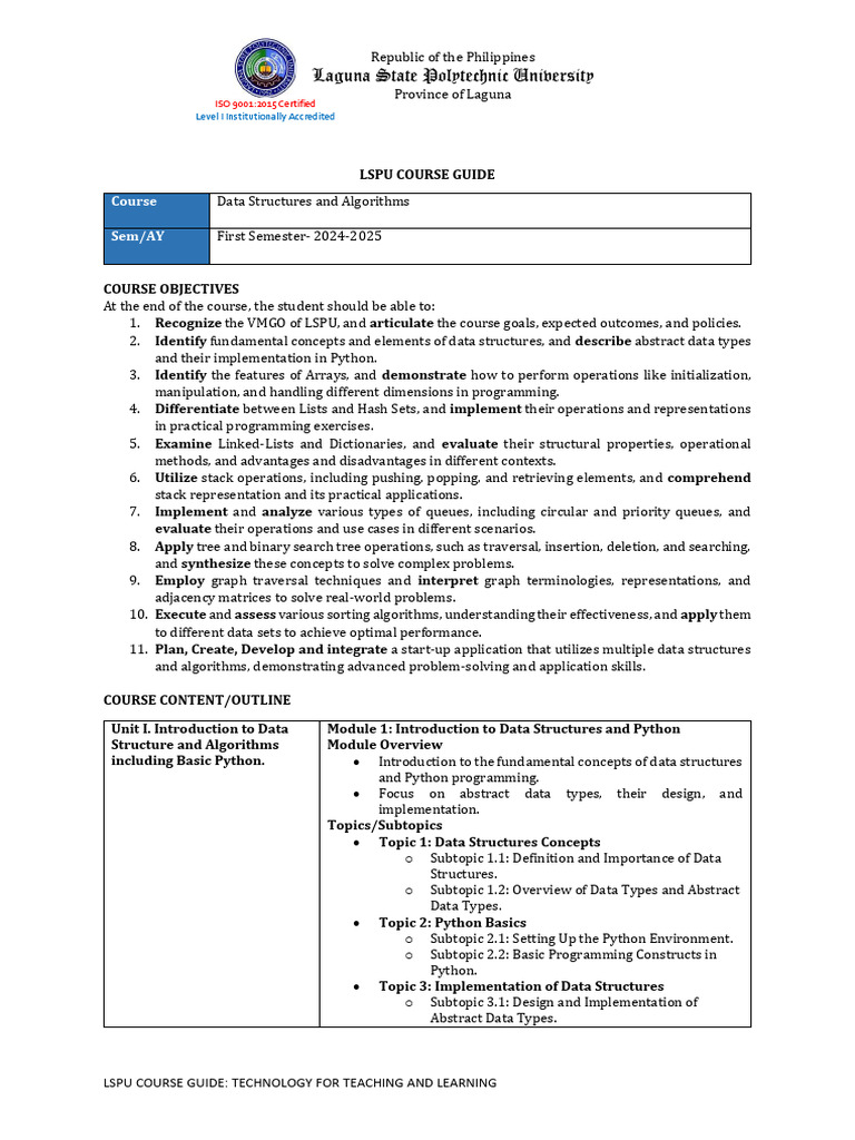 Itec 204 Data Structures and Algorithms Course Guide 2024 | PDF
