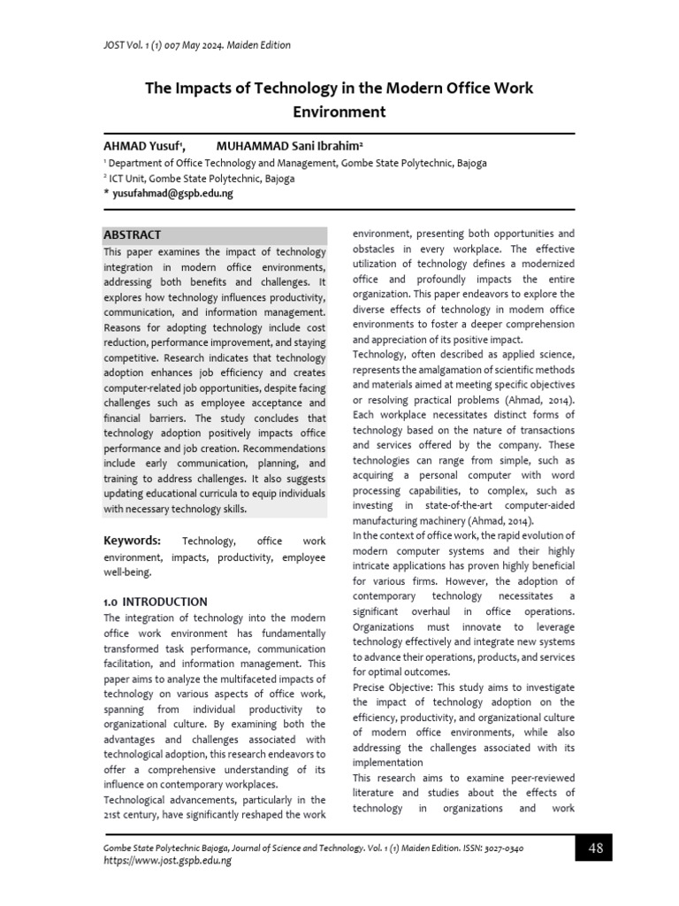 The Impacts of Technology in The Modern Office Work Environment | PDF