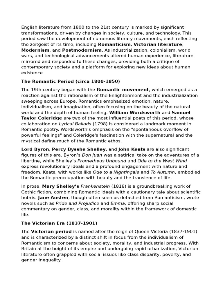 English Literature 1800-2000 | PDF