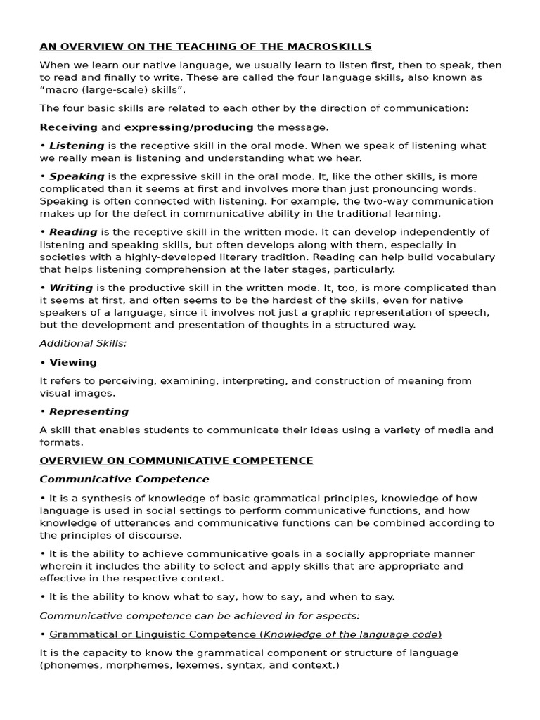 Teaching Language Macro Skills Overview | PDF | Linguistics | Foreign ...