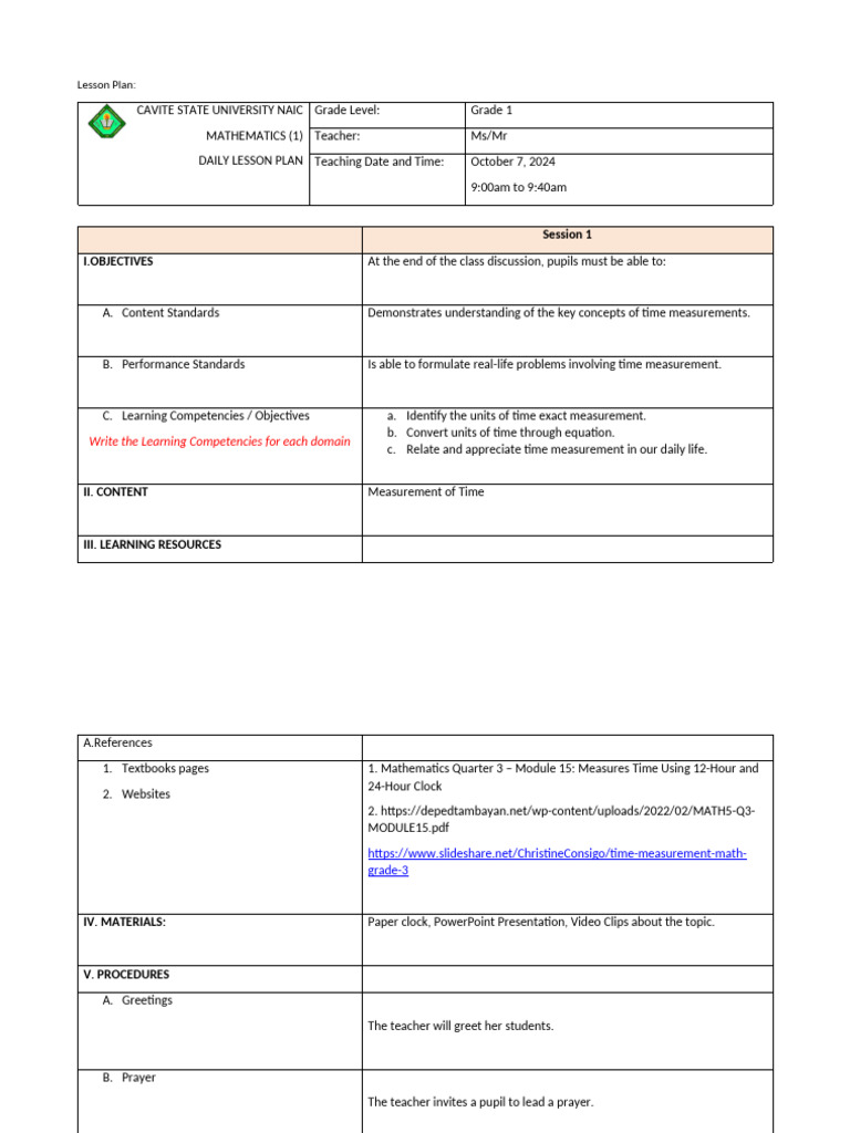 Lesson Plan Sample Template Semi Detailed | PDF