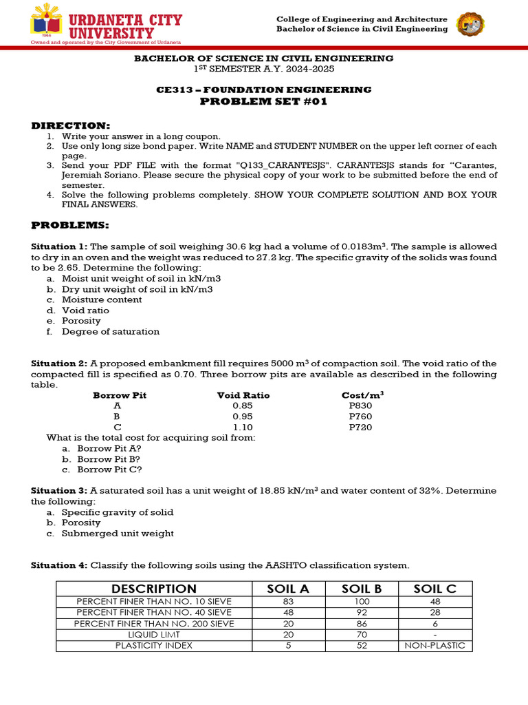 PROBLEM SET #1 - FOUNDATION ENGINEERING | PDF