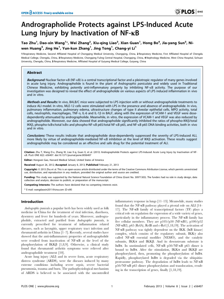 Andrographolide Protects Against LPS-Induced Acute Lung Injury by Inactivation of NF-KB | PDF