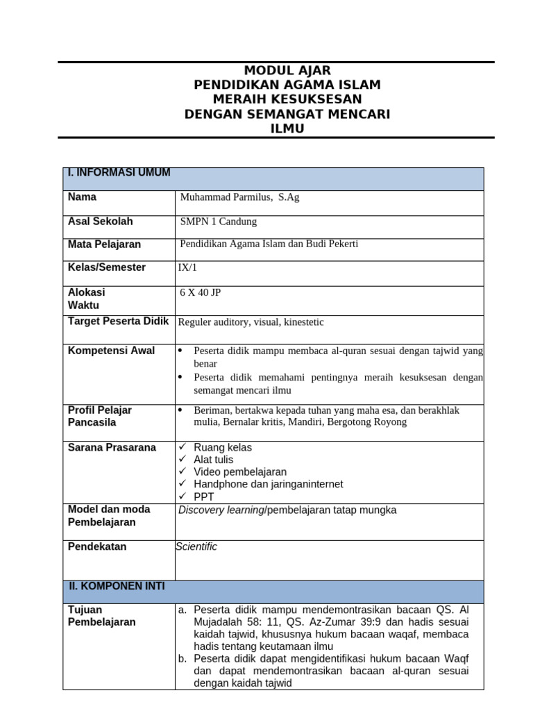 MODUL AJAR 1 (Kelas 9 Ganjil Semangat Mencari Ilmu) | PDF