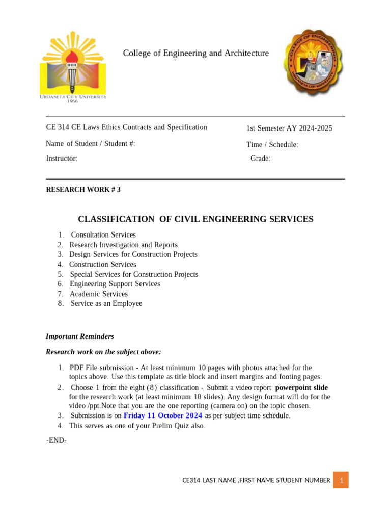 CE 314 Research Work # 3 - Classification of Civil Engineering Services ...