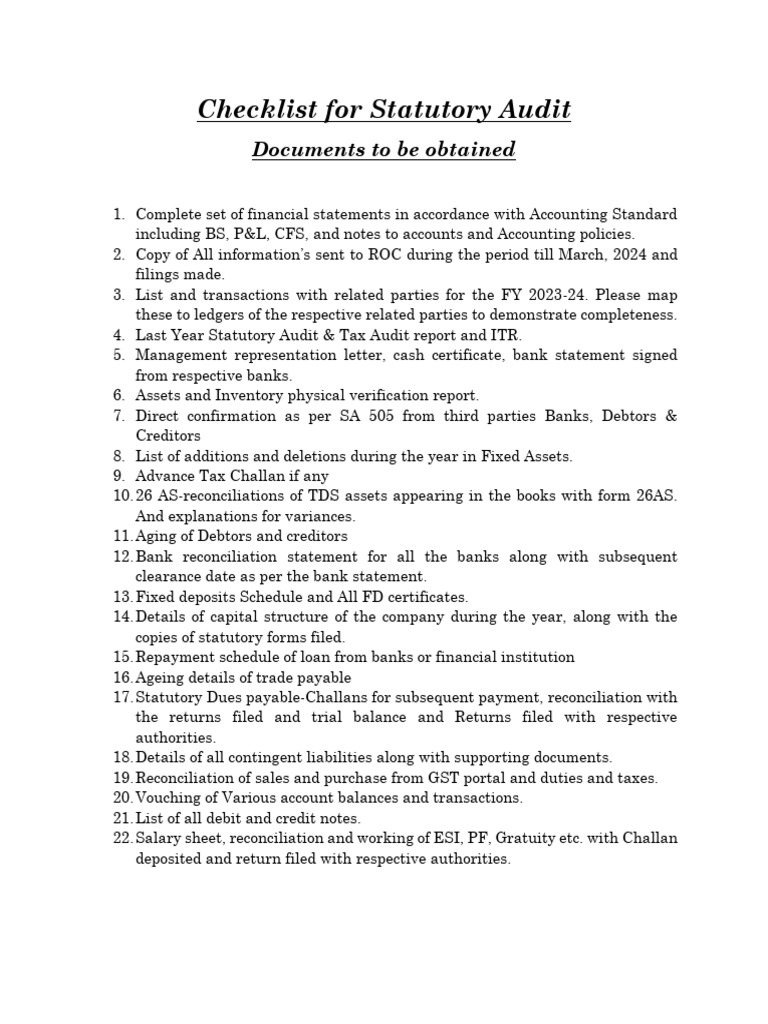 Checklist For Statutory Audit | PDF