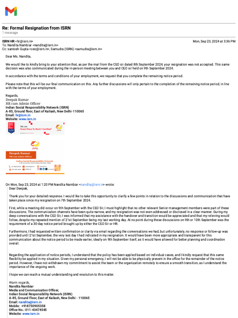 Gmail - Re - Formal Resignation From ISRN | PDF | Career & Growth