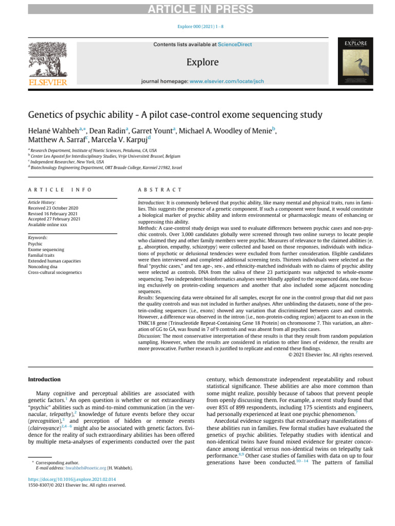 Genetics of Psychic Ability - Helené Wahbeh | PDF | Natural Selection ...