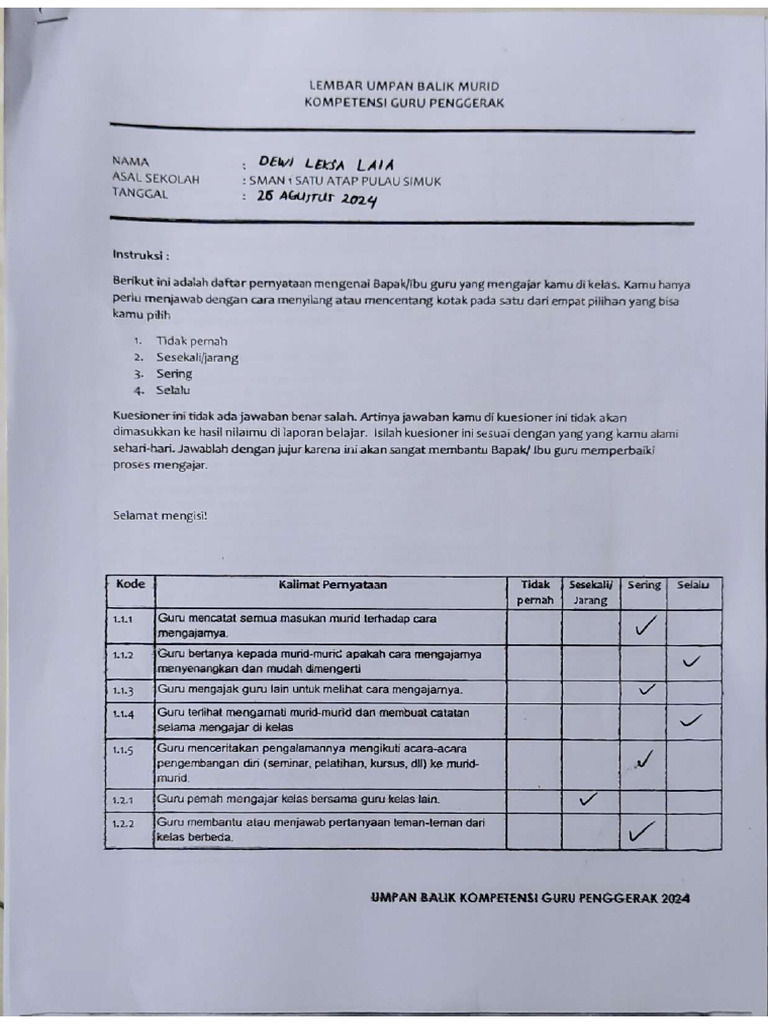 Lembar Umpan Balik Murid Kompetensi Guru Penggerak | PDF