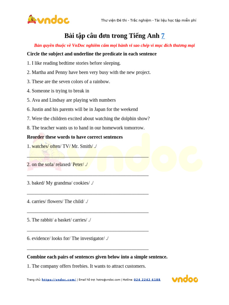 Bai Tap Cau Don Trong Tieng Anh 7 | PDF