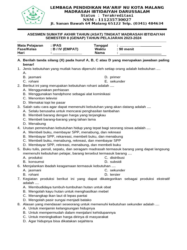 Format Soal Kelas 1-5 | PDF
