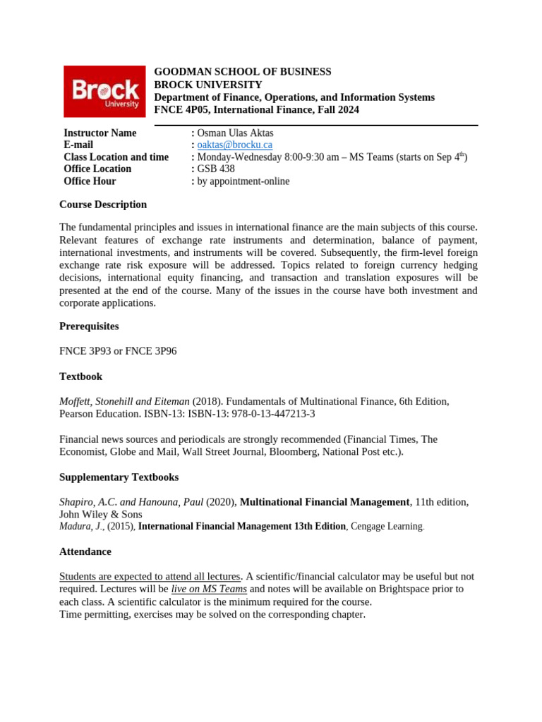 FNCE 4P05 Course Outline Fall 2024-Sync | PDF