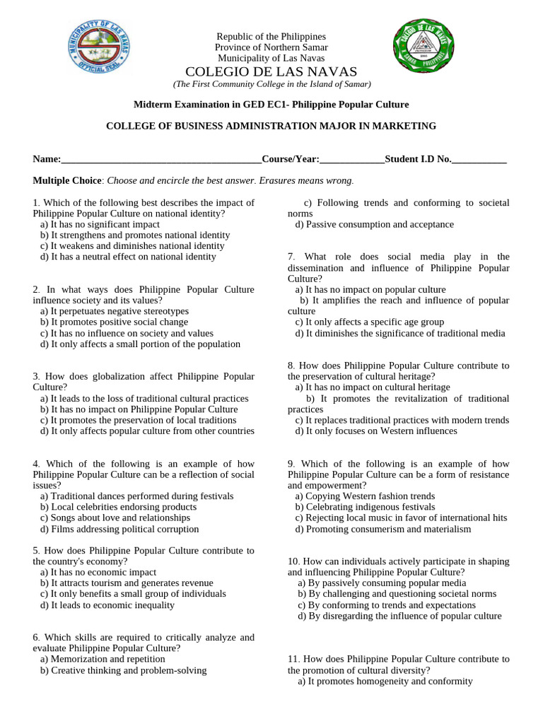 Midterm Exam in EC1-Philippine Popular Culture | PDF