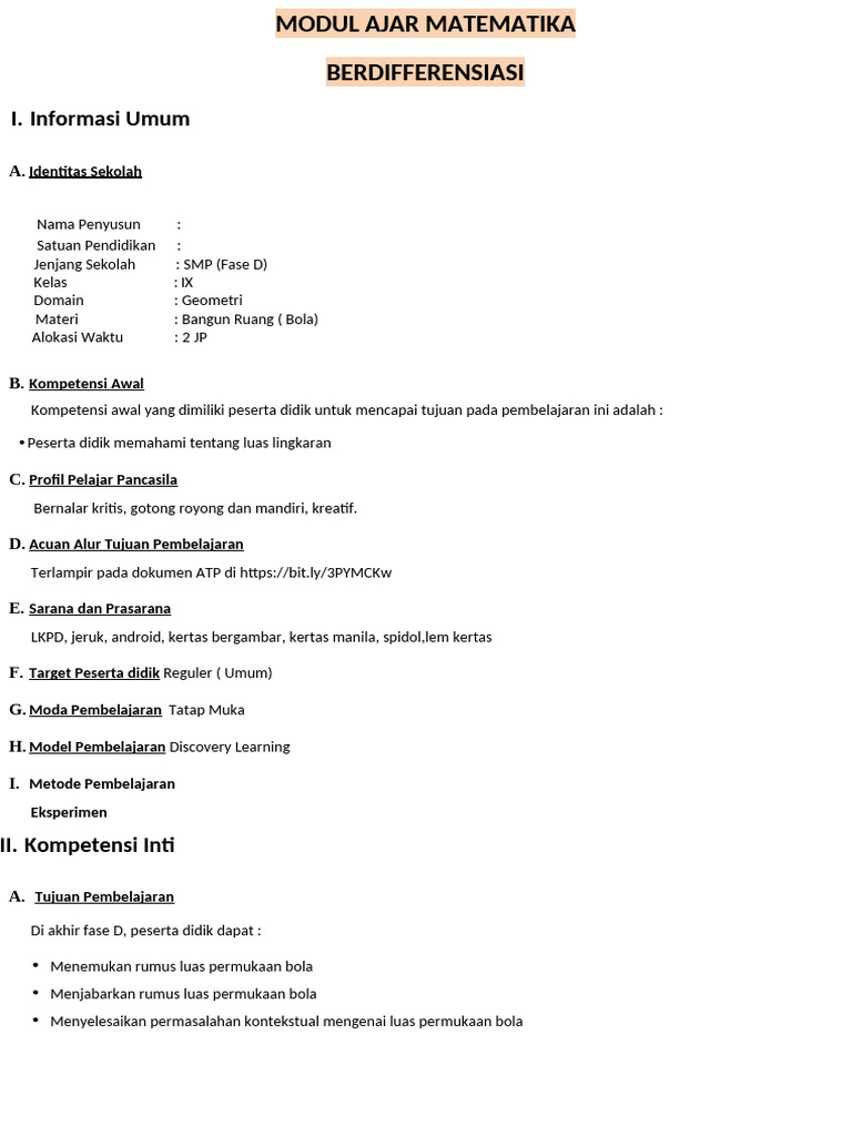 Modul Ajar Matematika Kls 9 ( Bola ) | PDF