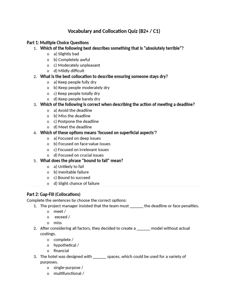 Vocabulary and Collocation Quiz | PDF