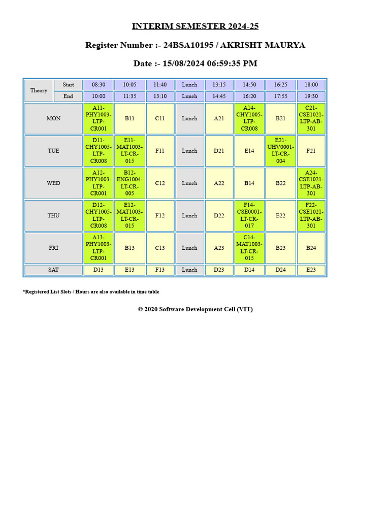 Time Tables Vit Wha | PDF