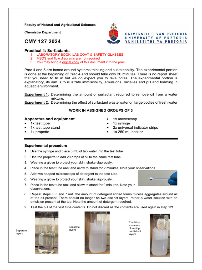 CMY 127 Practical 4 INSTRUCTION SHEET_Surfactants | PDF