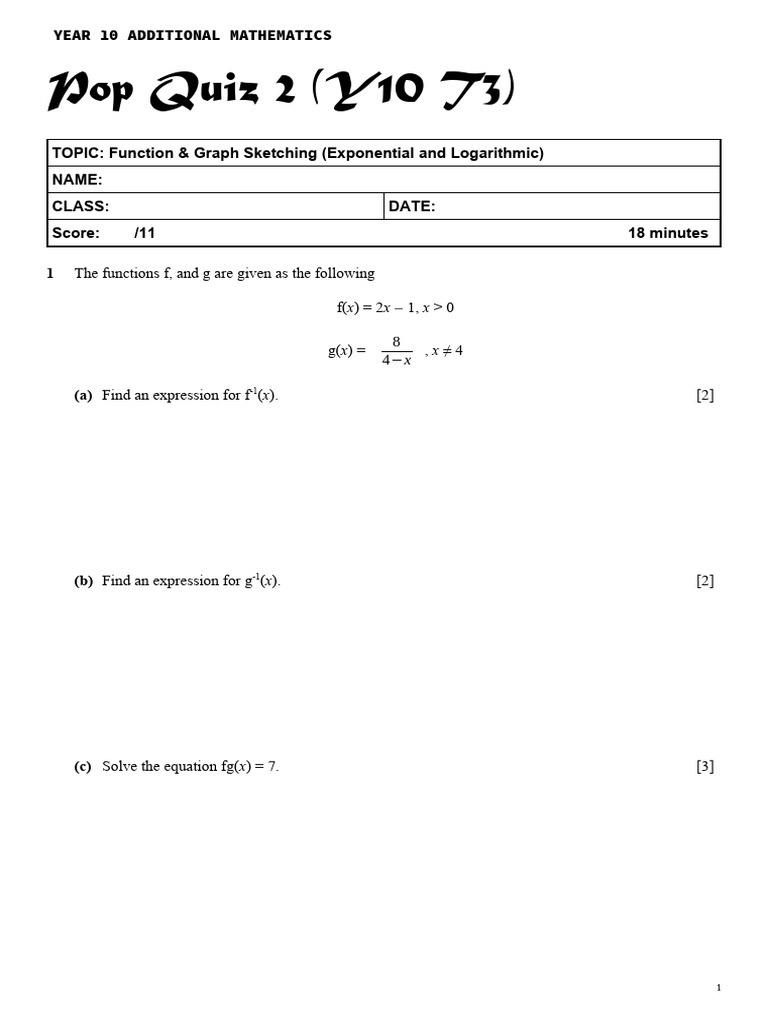 Pop Quiz 2 - Function (Y10 T3) | PDF