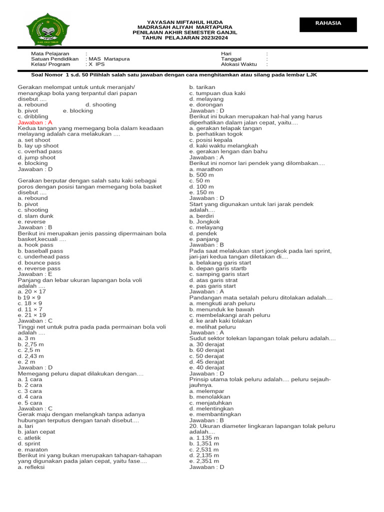Template Soal Pas Ganjil 2023 | PDF