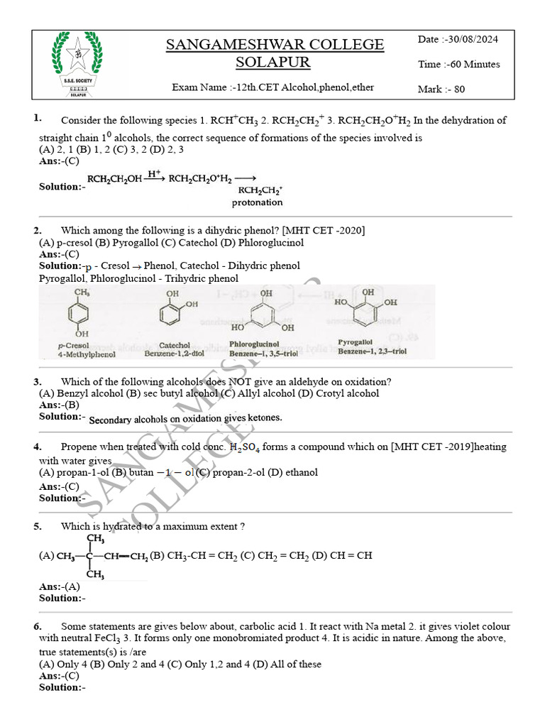 Alcohol, Phenol, Ether DPP SOLUTION 30-08-2024 | PDF