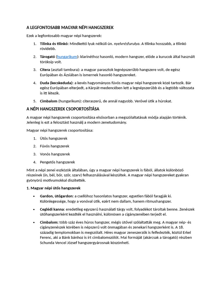 A Legfontosabb Magyar Népi Hangszerek | PDF