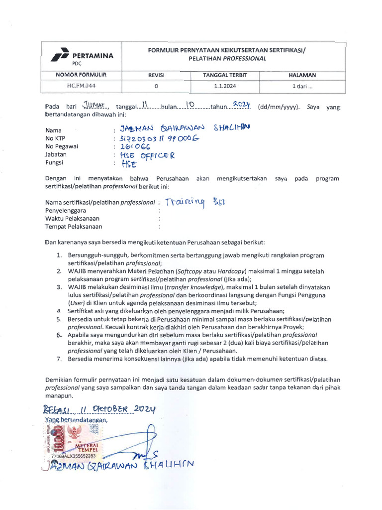 Jazman Qairawan S-Formulir Training BST | PDF