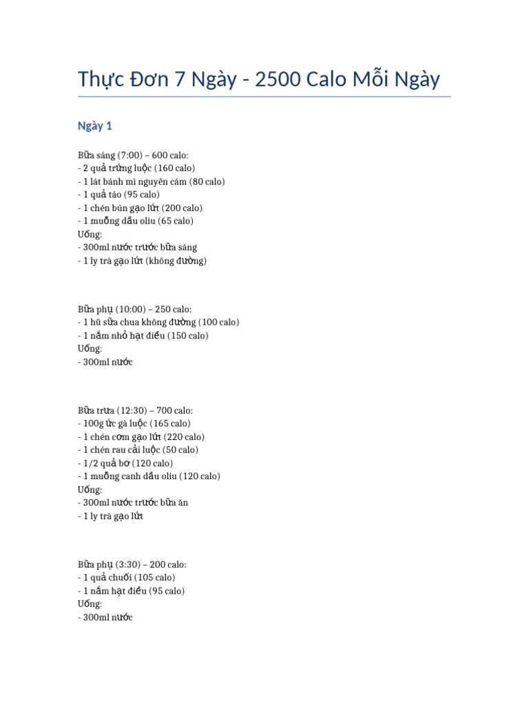 Thuc Don 7 Ngay 2500 Calo | PDF