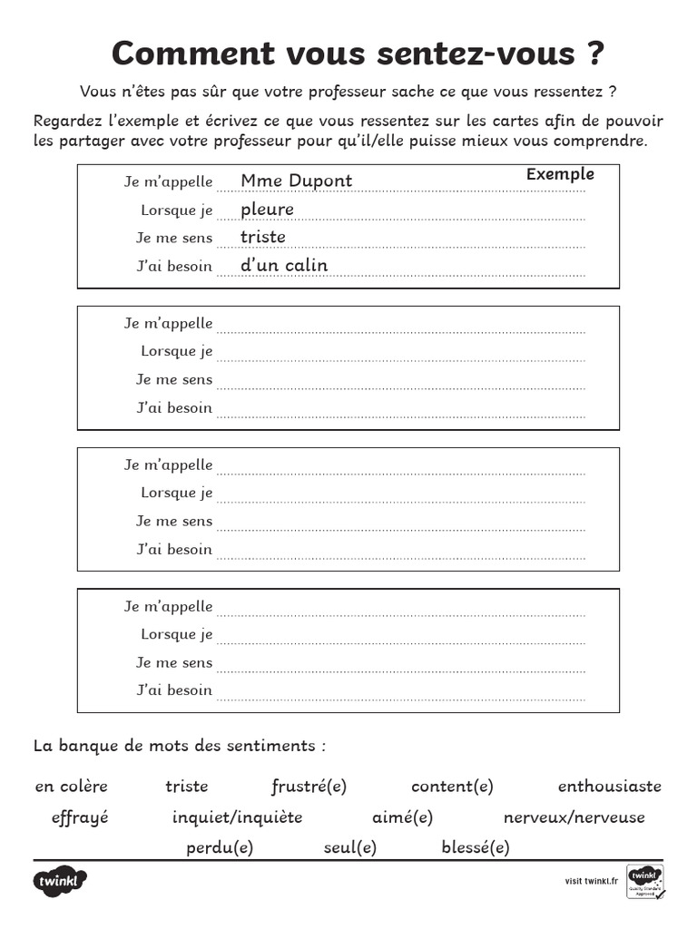 Fr2 P 10 Feuille Dactivite Lorsque Je Me Sens French - Ver - 1 | PDF