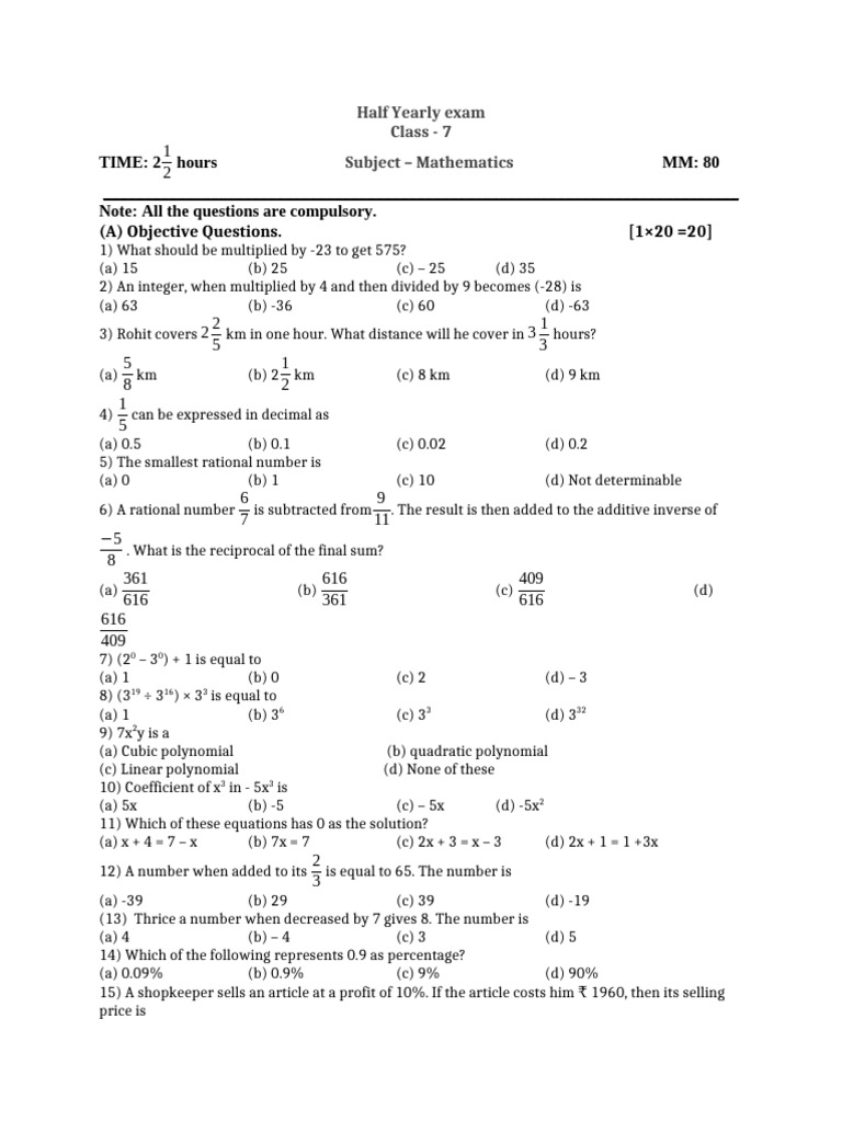 Class 7 Maths Half Yearly Exam | PDF