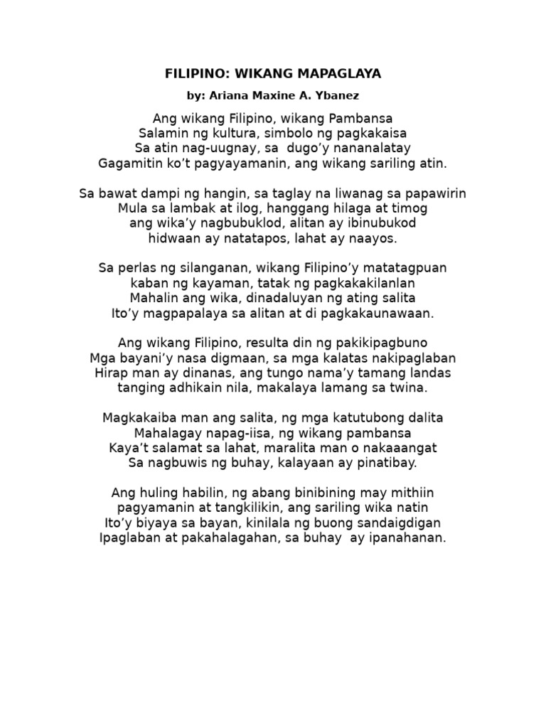 Filipino Wikang Mapagpalaya by Ariana Maxine Ybanez Grade 8 | PDF