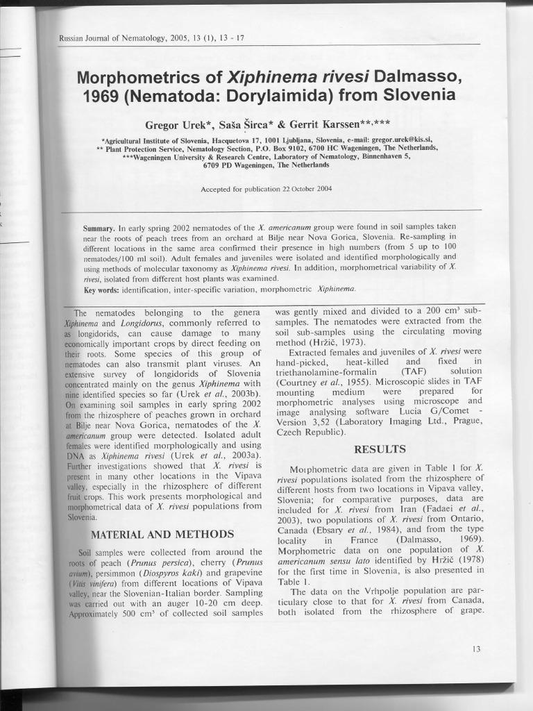 Urek Et Al 2005 - Morphometics of Xiphinema Rivesi From Slovenia | PDF