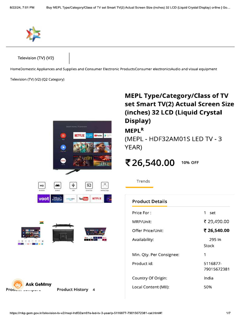 MEPL Type CategoryClass of TV Set Smart TV (2) Actual Screen Size ...