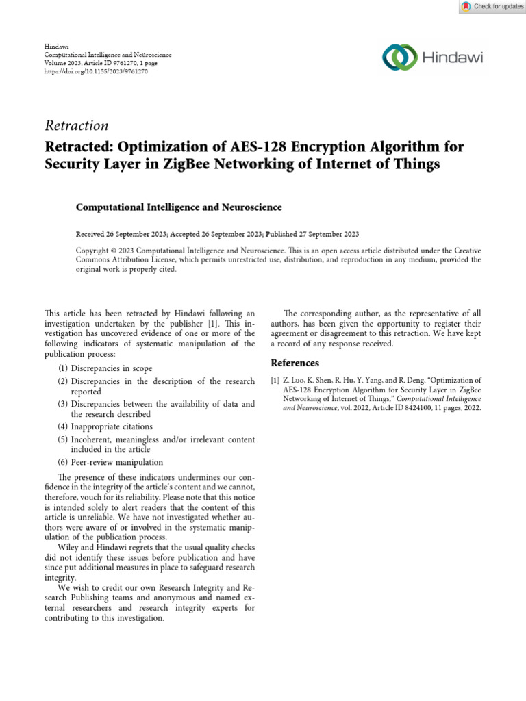 Computational Intelligence and Neuroscience - 2022 - Luo - Retracted Optimization of AES 128 ...