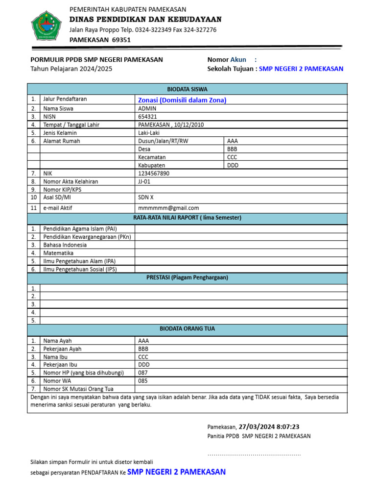 Formulir PPDB SMP Negeri 2 Pamekasan Admin | PDF