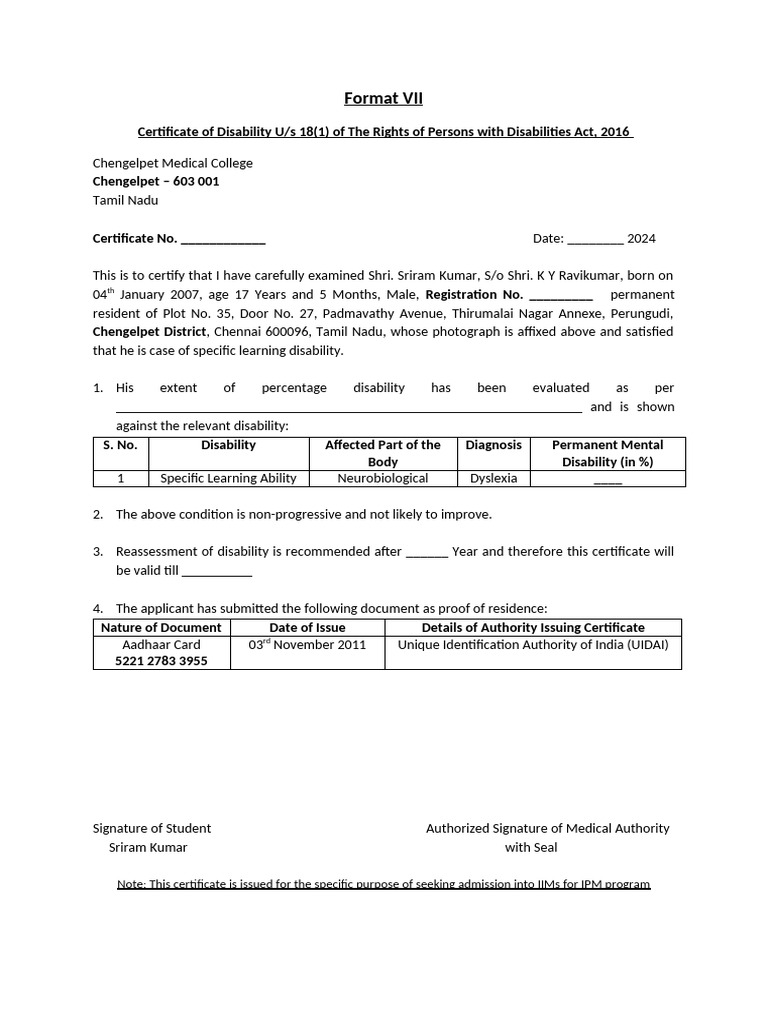 Format VII of IIM IPMAT Disability Certificate | PDF