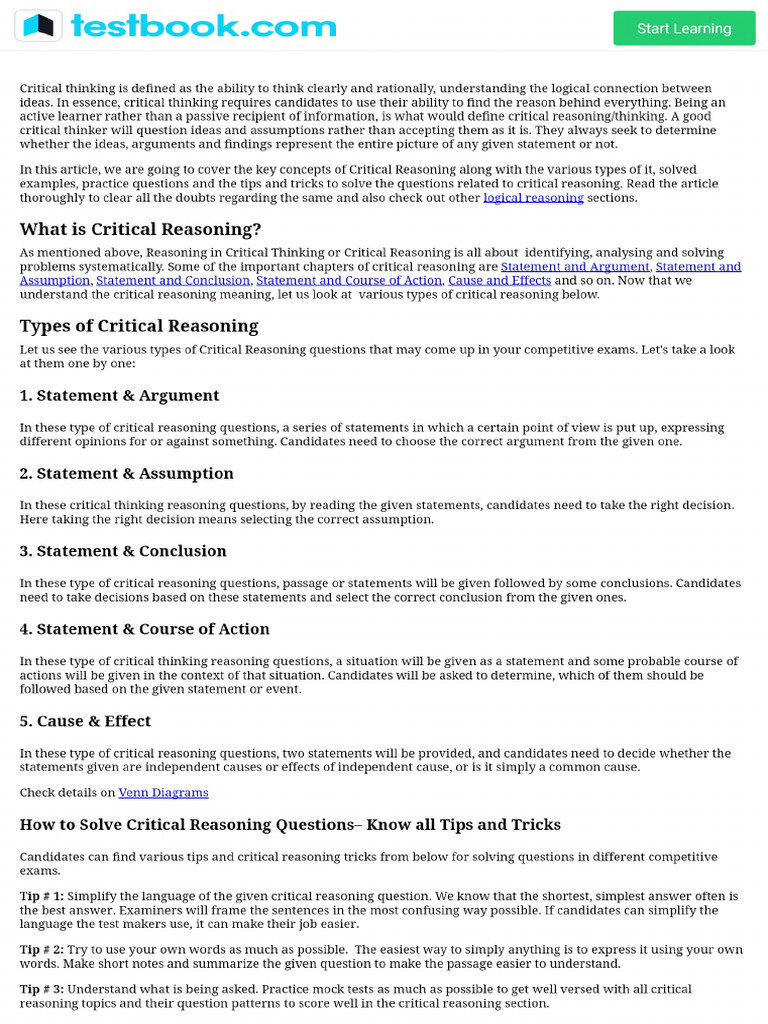 Critical Reasoning - Key Concepts, Types, Tricks, Sample Questions | PDF